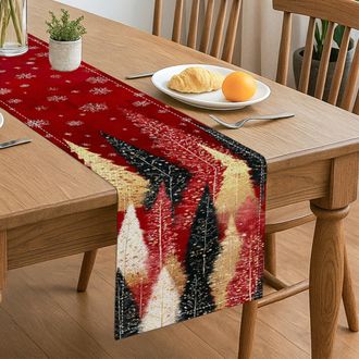 Generic Tischläufer Winterwald, rustikale Bäume, Schneeflocken, Urlaub, Küche, Esszimmer, Dekoration für Zuhause, Familienfeiern, 33 x 183 cm, Rot