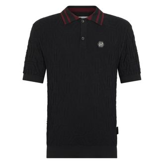 Philipp Plein Homme, Tops, Noir, Taille: XL Polo Tricot Monogramme Jacquard