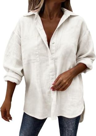 Generic Chemise Femme Coton Et Lin Chemisier avec Bouton 2026 Nouveau Chemisiers Polyvalent Haut D&eacute;contract&eacute; Large Top Grande Taille Chemisier Mi Saison S-3Xl