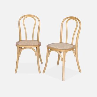 Sweeek Lot de Deux chaises Vintage en Bois avec Assise en rotin et Dossier Arrondi Coloris Naturel