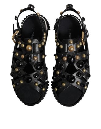 Dolce & Gabbana Mens Black Leather Studded Slides Sandals Shoes Calfskin