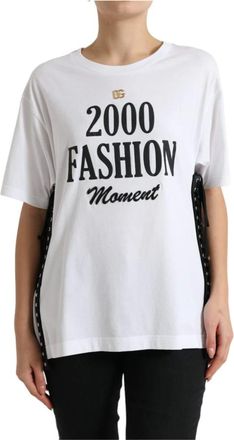Dolce & Gabbana Femme, Tops, Blanc, Taille: 32 FR T-shirt &agrave; imprim&eacute; slogan et d&eacute;tails de la&ccedil;age