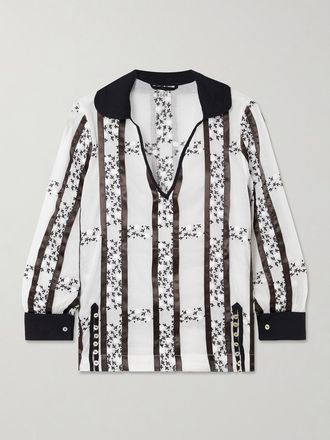 Bode Lattice Sprig Bluse Aus Baumwolle Mit Satinbesätzen, Zierknöpfen Und Stickereien - Weiß