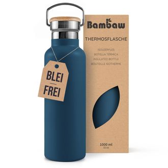 Bambaw Isolierflasche, 1 l, blaue Wasserflasche, Edelstahlflasche, 1 l, BPA-freie Trinkflasche, wiederverwendbare Trinkflasche - Saphirblau