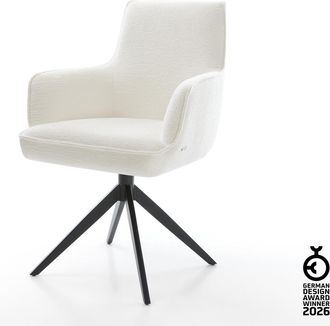 DELIFE Drehstuhl Heira-Flex mit Armlehnen Boucl&eacute; Soft Beige Kreuzgestell breit Schwarz 360&deg; drehbar Wippfunktion Taschenfederkern, Esszimmerst&uuml;hle