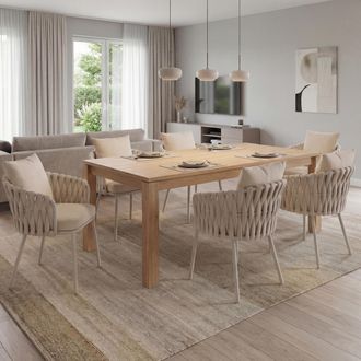 Mendler 6er-Set Aluminium-Esszimmerstuhl HWC-P89, Indoor Stuhl Armlehne, Stoff/Textil (180 g/m&sup2;) Seilgeflecht Rope - Creme