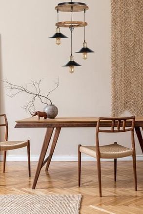 Opviq Industrial Rustic Chandelier, Wooden Body & Metal Cap, 35 cm Diameter, 80 cm Height, Adjustable, E27 Socket, Brown & Black | Perfect for Country Homes