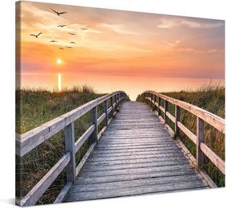 Picanova Bild auf Leinwand Holzweg zum Meer 80x60cm - Leinwandbild - Premium Leinwanddruck - Wandbild Kunstdruck Auf 2cm Holz-Keilrahmen Wohnzimmer Wanddekorat