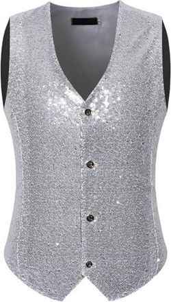 Generic Gilet court &agrave; paillettes pour homme, gilet confortable uni de qualit&eacute; sup&eacute;rieure et luxueux, &agrave; simple boutonnage et coupe ajust&eacute;e, gilets tendance &agrave; p