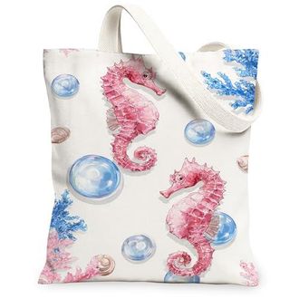 Generic Sacs fourre-tout en toile motif hippocampes de p&ecirc;che, sacs d&eacute;picerie r&eacute;utilisables, l&eacute;gers et lavables avec bandouli&egrave;re en toile F, p&ecirc;che, 13x15 Inch