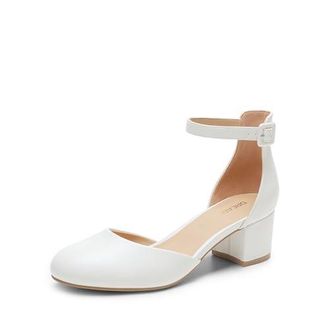Dream Pairs Escarpins ferm&eacute;s &agrave; bout rond avec sangle de cheville et talon &eacute;pais pour femme, chaussures de mariage, de bureau, de f&ecirc;te, blanc, 41 EU
