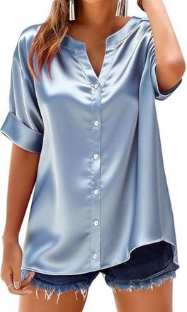 Generic Chemisiers habill&eacute;s et &eacute;l&eacute;gants en satin pour femme - Haut &agrave; manches courtes et col en V - Chemisier &agrave; boutons - &Eacute;paules tombantes - Respirant et l&eacute;ge
