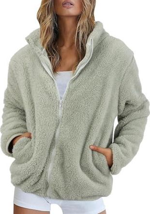 Generic Vestes en polaire pour femme avec fermeture éclair intégrale sans capuche - Manteau dhiver grande taille de couleur unie - Cardigan épais avec poches 