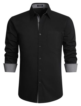 Hisdern Herren Hemd Schwarz Langarmhemd Stretch Smart Hemden Formelle Businesshemden Langarm Freizeithemden Regular Fit mit Taschen,Schwarz,S