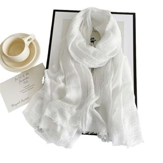 Generic &Eacute;charpe unisexe douce froiss&eacute;e avec bords frang&eacute;s, &eacute;charpe tendance en lin m&eacute;lang&eacute;, lin, ch&acirc;le, voyage, blanc, taille unique