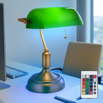 Globo Lighting Rgb led Schreibtischleuchte Bankerlampe Tischlampe Glas grün Leseleuchte, Schirm schwenkbar, Zugschalter, 1x E27 Fassung, LxH 26,5x36 cm