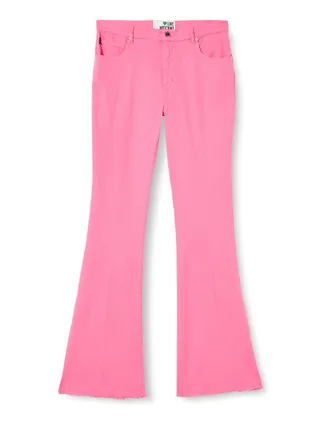Love Moschino Flare fit 5-Pocket Trousers in Garment Dyed Stretch Organic Cotton Bull, Customized with Chain and Heart Charm on Front Strap. Raw Cut hems