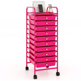 Costway Tour de Rangement, Desserte &agrave; Roulettes avec 10 Tiroirs, Chariot de Rangement Stable Solide, 4 Roulettes Universelles avec Freins,Rose fonc&eacute;