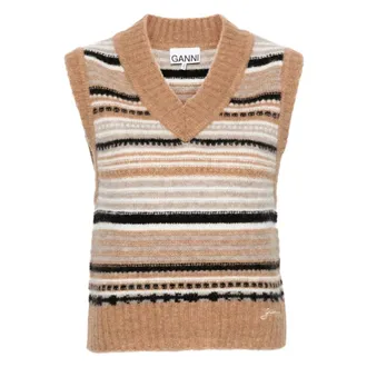 Ganni Femme, Pulls, Beige, Taille: 42 FR Pull sans manches &agrave; col en V avec logo brod&eacute;