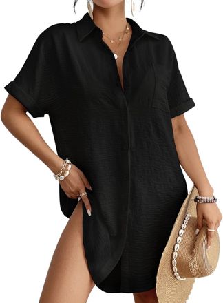 Bsubseach Frauen Badeanzug Coverup Shirt Kleid Button Down Badeanzug Cover Up Beachwear Schwarz XXL