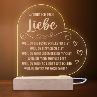 Indigos UG LED Nachttischlampe - Herz rechts - Spruch 3 - Schwester, Liebe, Familie - Herz mit Spruch - Nachtlicht - 3D-LED-Lampe - Geschenk, Geburtstag, Weihnac