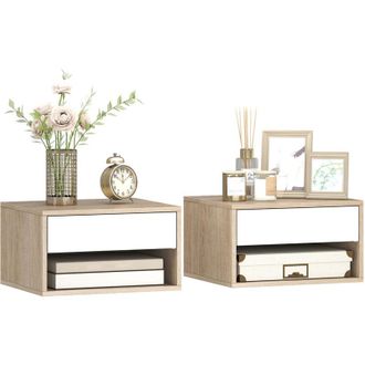 HOMCOM Lot de 2 tables de chevet murales - HOMCOM - tiroir compartiment ouvert plateau - panneau de particules - 37x32x21cm - bois naturel