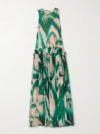 Ulla Johnson + Lee Krasner Helen Robe Aus Bedrucktem Seiden-georgette Mit R&uuml;schen - Gr&uuml;n