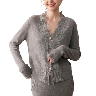 Generic Cardigan dhiver 100 % cachemire pour femme en dentelle tricot&eacute;e avec col en V, gris, Taille M