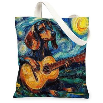 Generic Sac fourre-tout r&eacute;utilisable en toile motif teckel pour faire du shopping, 33 x 38,1 cm, motif guitare &eacute;toil&eacute;e, sac d&eacute;picerie r&eacute;utilisable pour femme,