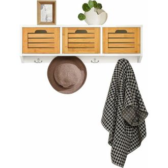 SoBuy FHK19-WN Wandgarderobe Flurgarderobe Kleiderhaken H&auml;ngeregal mit 3 K&ouml;rben und 4 Haken Garderobe natur bht ca.: 80x25x20cm - Sobuy