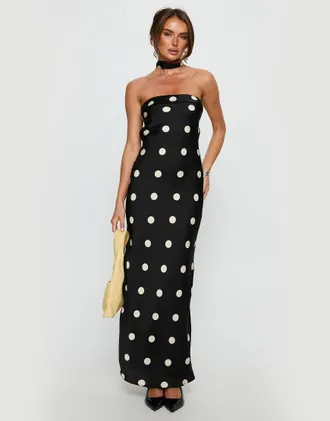 Princess Polly Madilaine - Tr&auml;gerloses Satin-Maxikleid in Schwarz mit Polka Dots, umgeschlagenem Ausschnitt und Schaldetail