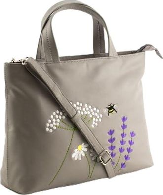 Mala Leather Blossom Floral & Bee Sac multivoies en cuir véritable avec bandoulière amovible, poche extérieure pour téléphone - Noir/gris - 30 x 23 x 9 cm, gris, 3