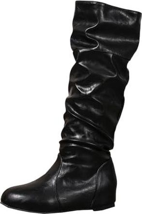 Generic Bottes hautes pour femme &agrave; talon plat confortables - Bottines de marche &eacute;l&eacute;gantes de couleur unie pliss&eacute;es d&eacute;contract&eacute;es &eacute;l&eacute;gantes &agrave; enfiler - Bottes 