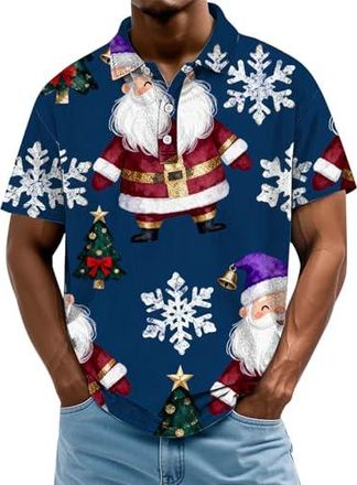Generic Polos de No&euml;l pour Hommes D&eacute;contract&eacute;s Xmas P&egrave;re No&euml;l Bonhomme de Neige Imprim&eacute; Manches Courtes Coupe Ample Funky F&ecirc;te Vacances Hauts Tee, bleu, XL