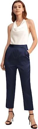 LilySilk Pantalon de cigarette confortable en soie Pantalon de taille moyenne Pantalon pour femme Élastique 100 % soie, bleu foncé, 40