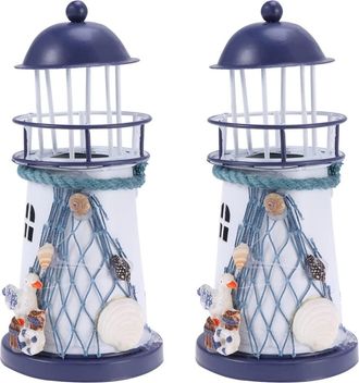 Garneck Leuchtturm Klein Led 2 Stücke Handbetriebene Nacht Tee Outdoor Tisch Blau Nachtlicht Thema Mittelmeer Halter Solarnetz Dekoration Schlafzimmer Mit Fis