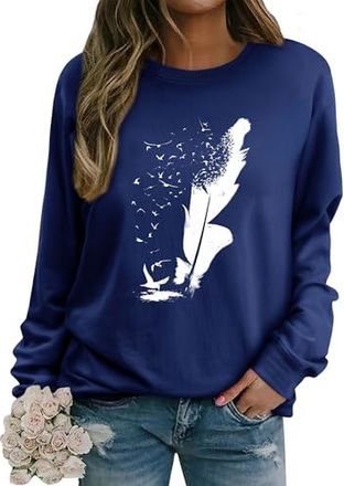 Dresswel Pullover pour femme - Impression de plumes - Sweatshirt &agrave; manches longues - Col rond - Pull dautomne et dhiver - Hauts - Hauts imprim&eacute;s - Blouse, Bleu