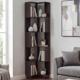 Mendler Eck-B&uuml;cherregal HWC-P53, Eckregal Standregal Wohnregal, 5 Ebenen MDF Melamin 175x40x40cm - Walnuss-Optik