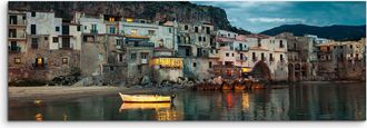 Paul Sinus Art Leinwandbild 150x50cm Landschaftsfotografie - Harmonischer Hafen in Cefalu Sizilien
