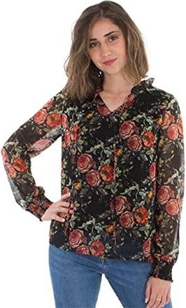 Coline Blouse Femme imprimé Roses Manches Longues - Couleur : Noir - Taille : L