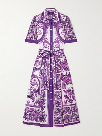 Dolce & Gabbana Midi-hemdblusenkleid Aus Bedruckter Baumwollpopeline Mit Bindeg&uuml;rtel - Lila