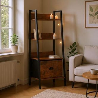 Furniture R Leiter-Bücherregal 4 Ebenen 42x29x110 cm mit Stoffschublade, 12 mm Holzregalböden & 20 mm Metallrahmen, 7,5 cm Rückwand, Stilvolles Regal für Wohnzimm