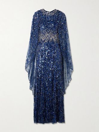 Jenny Packham Robe Du Soir Effet Cape En Tulle &Agrave; Ornements Honey Dew - Bleu