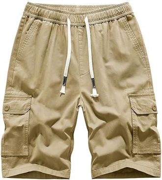 Generic Short cargo d&eacute;contract&eacute; en serg&eacute; pour homme - En coton - Cordon de serrage - Stretch - Avec poches, kaki, 38