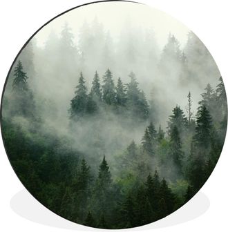 MuchoWow Wandbild Rund Wanddeko Deko Wohnzimmer Bilder 60x60 cm Wald - Nebel - Bäume - Natur