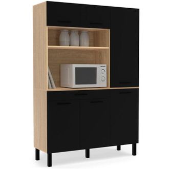 IDMarket Buffet de cuisine avec colonne de rangement 120 cm cina 6 portes + tiroir façon hêtre et noir