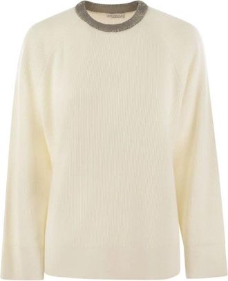 Brunello Cucinelli Femme, Pulls, Blanc, Taille: 40 FR Pull ras du cou c&ocirc;tel&eacute; avec col orn&eacute;