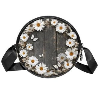 Generic Sac &agrave; bandouli&egrave;re circulaire pour femme, motif couronne en bois, petit sac &agrave; bandouli&egrave;re avec fermeture &eacute;clair, bretelles r&eacute;glables, sac &agrave; main rond d