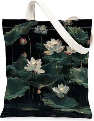 Generic Sac fourre-tout en toile motif fleur de lotus noir pour faire du shopping, 33 x 38,1 cm, sac d&eacute;picerie r&eacute;utilisable pour femme, paysage de plage, pein