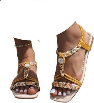 Generic Sandales plates &agrave; lani&egrave;res pour femme - Bout ouvert - Style d&eacute;contract&eacute; - Style boh&egrave;me - Sangle de cheville - Confortables - Large largeur - Perles - 
